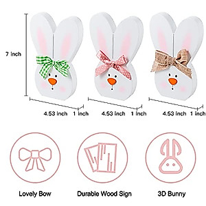 Easter Decorations for the Home, hogardeck 3 Pcs Easter Bunny Table Decor, Wood Sign Rabbit Block Set with Plaid Dot Burlap Bow Wooden Signs Table Centerpiece Farmhouse Decor for Party Fireplace Tiered Tray Tabletop