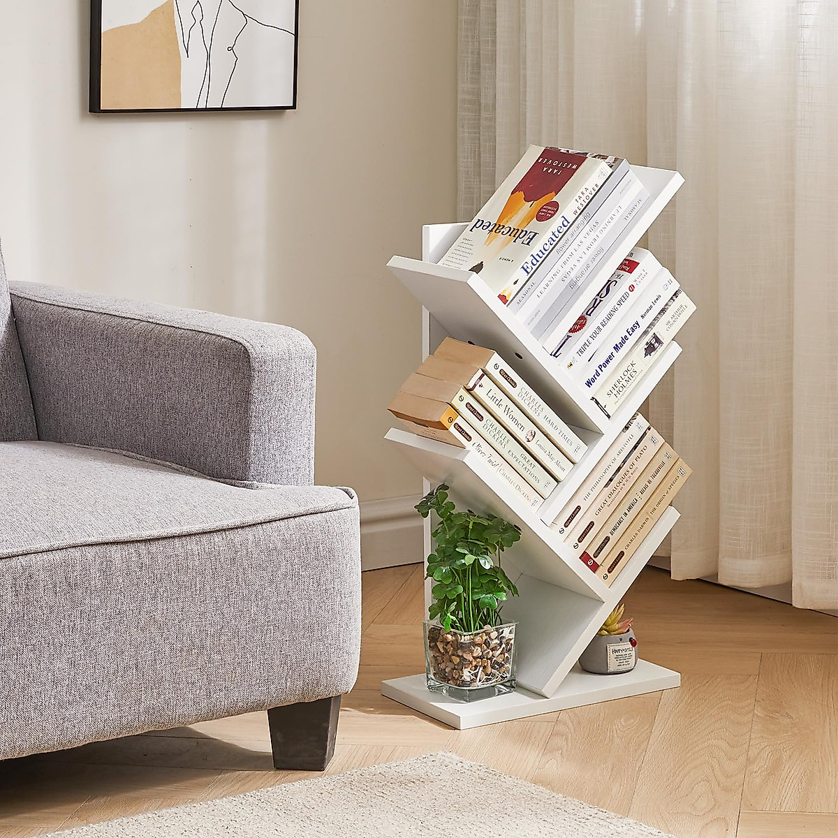 YMYNY 4 Tier Tree Bookshelf, Small Bookcase, Modern Wood Book Storage Rack, Freestanding Book Shelf for Books/Movies/CDs, Narrow Display Rack for Living Room, Home Office, Rustic Brown UHBC014H