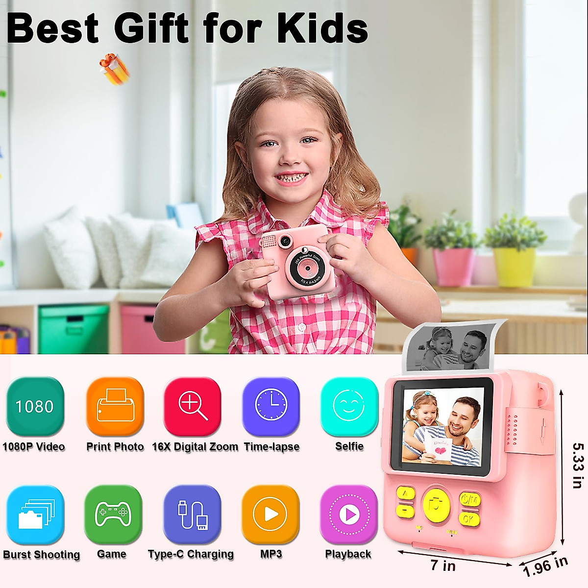 GKTZ Instant Print Camera for Kids - 1080P HD Instant Print Photo - Christmas Birthday Gifts for Age 4 5 6 7 8 9 10 Girls Boys - Portable Toy with 3 Rolls Photo Paper, 5 Color Pens, 32GB Card - Pink