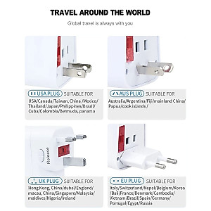 Universal Travel Adapter, Vsanstar International Wall Charger AC Plug Adaptor with 3A Smart Power and 2.1A USB for European USA UK EU Thailand NZ Australia 150 Countries(White)