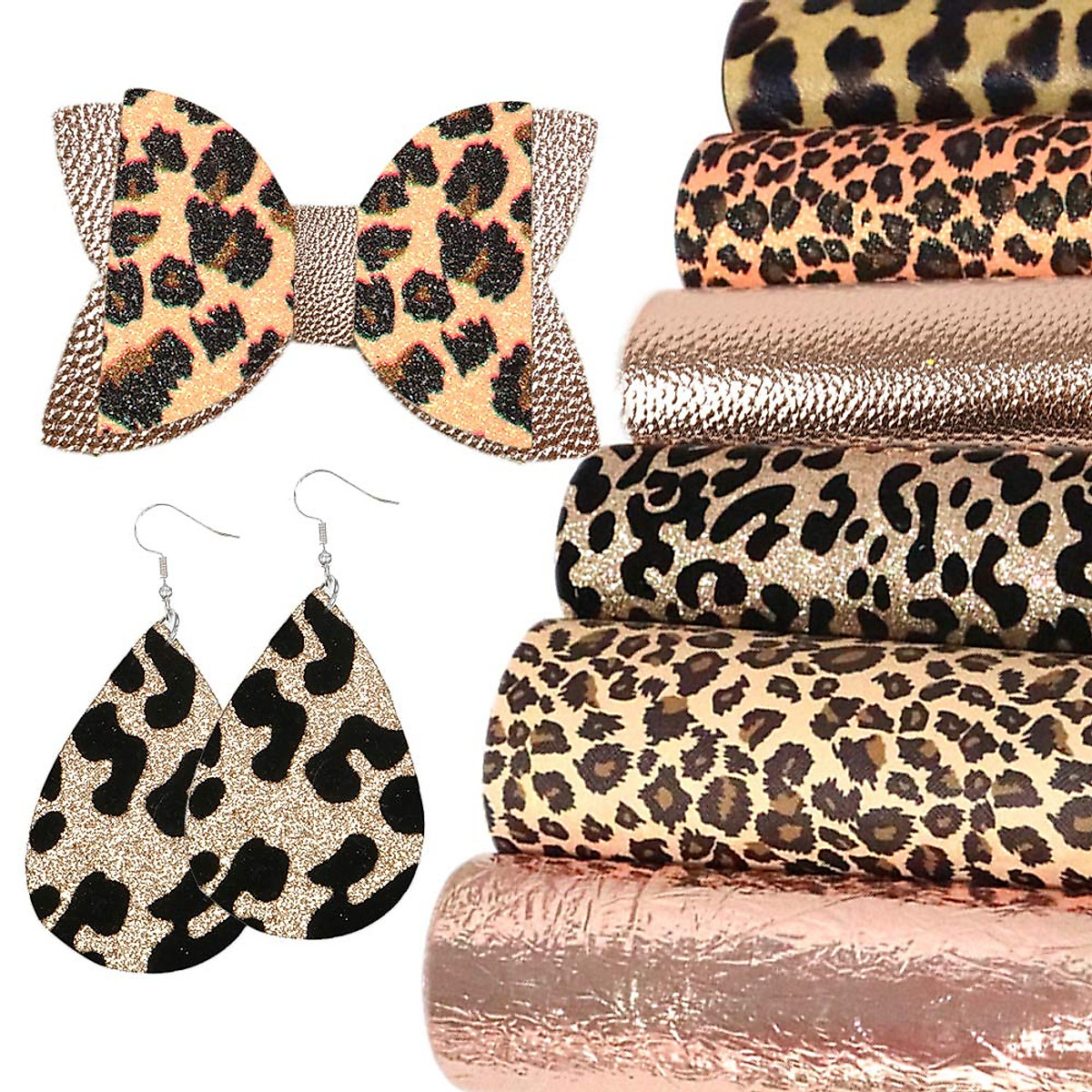 David angie Leopard Printed Faux Leather Sheet Metallic Burst Crack Synthetic Leather Fabric Assorted 6 PCS 7.7" x 12.9" (20 cm x 33 cm) for Hair Accessories DIY Crafts Making (Leopard Pattern B)