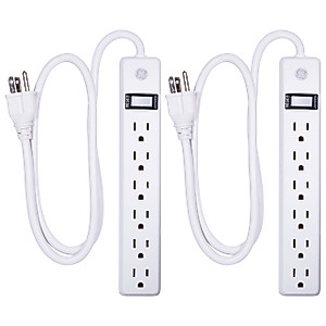 GE 6 Grounded Outlet Surge Protector, 450 Joules, 2 Pack Power Strip, 3 Ft Long Extension Cord & 3-Outlet Power Strip, 12 Ft Extension Cord, 2 Prong, 16 Gauge, Twist-to-Close Safety Outlet Covers