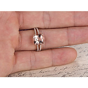 Pink Morganite Engagement Ring,8mm Cushion Cut Stone,Solid 14K Rose Gold,Split Shank Band