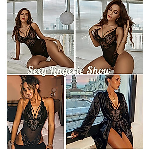 Avidlove Sexy Lingerie for Women Lingerie Bodysuit Lace Teddy Strappy Lingerie V Neck One Piece Boudoir Outfits(Black,M)