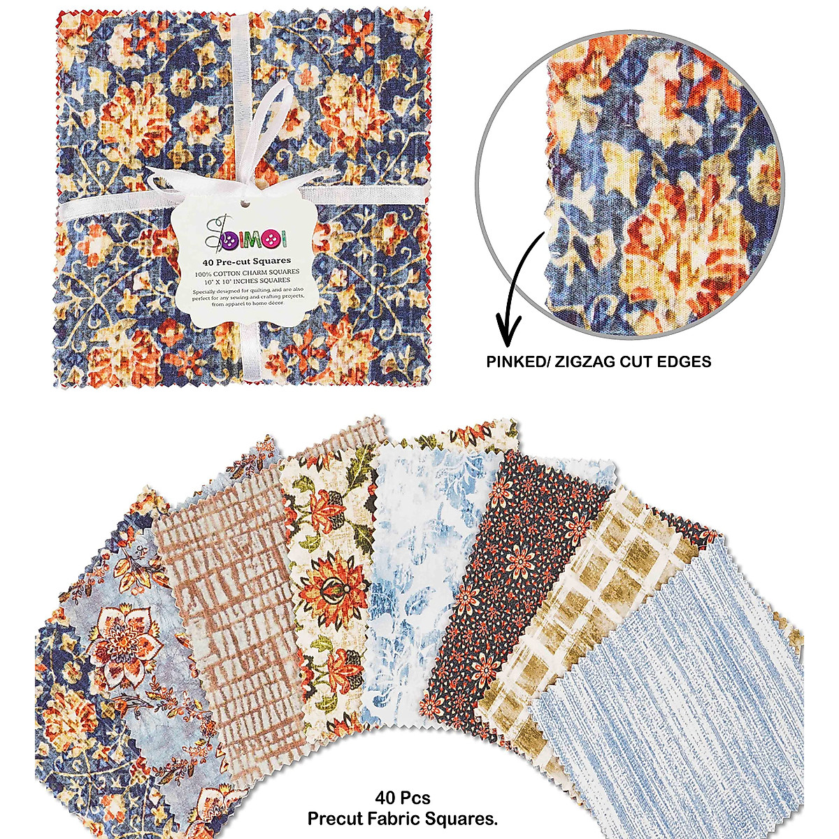 Soimoi Precut 10-inch Floral Floral with Texture Prints Cotton Fabric Bundle Quilting Squares Charm Pack DIY Patchwork Sewing Craft- Multicolor