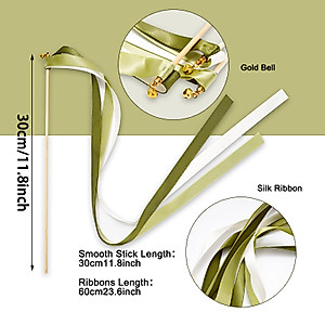 Whaline 40Pcs Wedding Ribbon Sticks with Bells White Sage Green Streamers Fairy Stick Wands Ribbon Tassel Wands for Baby Shower Send Off Party Activities Holiday Celebration Supplies