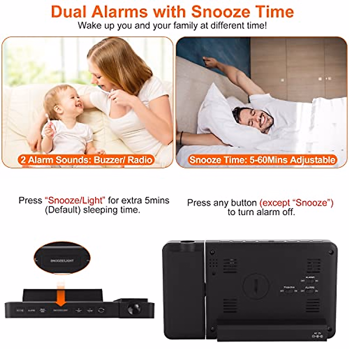 iMounTEK Atomic Projection Alarm Clock Digital Alarm Clock Night Light Clock Radio Control Clock with WWVB Function Weather Station Dual Alarms Snooze Outdoor Wireless Temperature Humidity Sensor