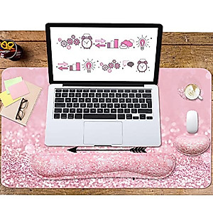 Keyboard Mouse Pad Set, Extended Mouse Pad+Keyboard Wrist Rest Support, Memory Foam Ergonomic Easy Typing, 3Pcs (35.4×15.7 in) Desk Pad Set for Home Office Study Game - Pink Stay Positive