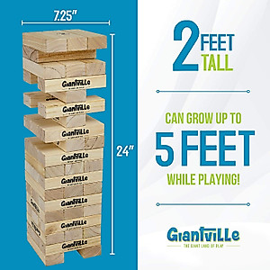 Giantville Giant Tumbling Timber Toy - Premium Pine Wood Life-Size Blocks Tower - Big Floor/Board Indoor/Outdoor Yard Game for Kids & Adults - 56-Pieces + Storage/Carry Bag - Grows to Over 5-Feet
