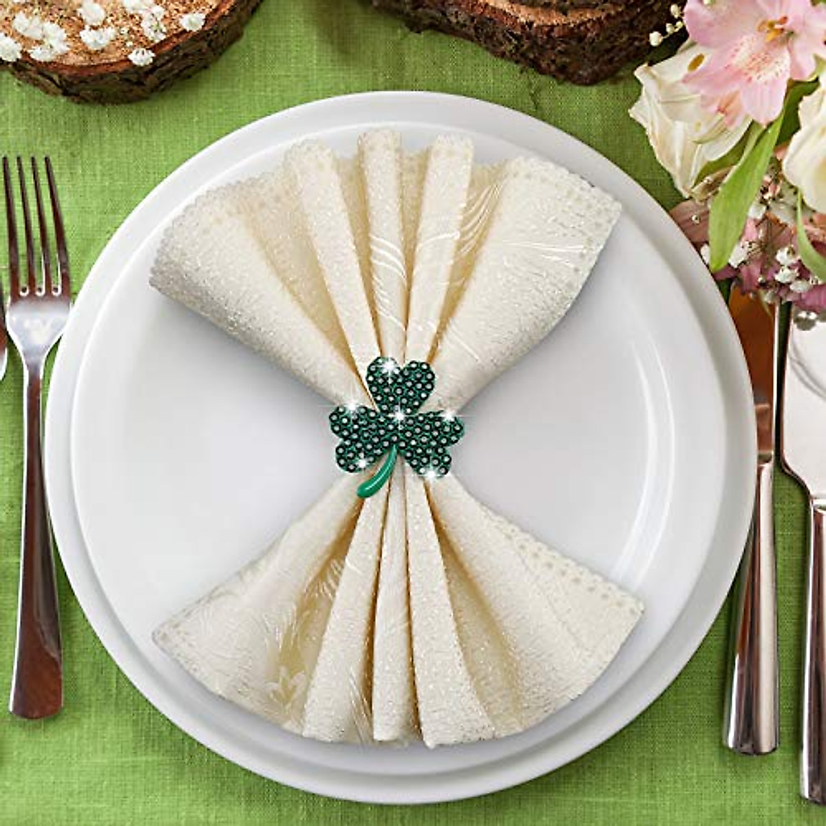 Clover Shamrock Napkin Ring St. Patrick's Day Napkin Rings Holder Buckle Napkin Holders Ring Metal Rhinestone Napkin Ring for St. Patrick's Day Wedding Party Table Decor (Green, 6)
