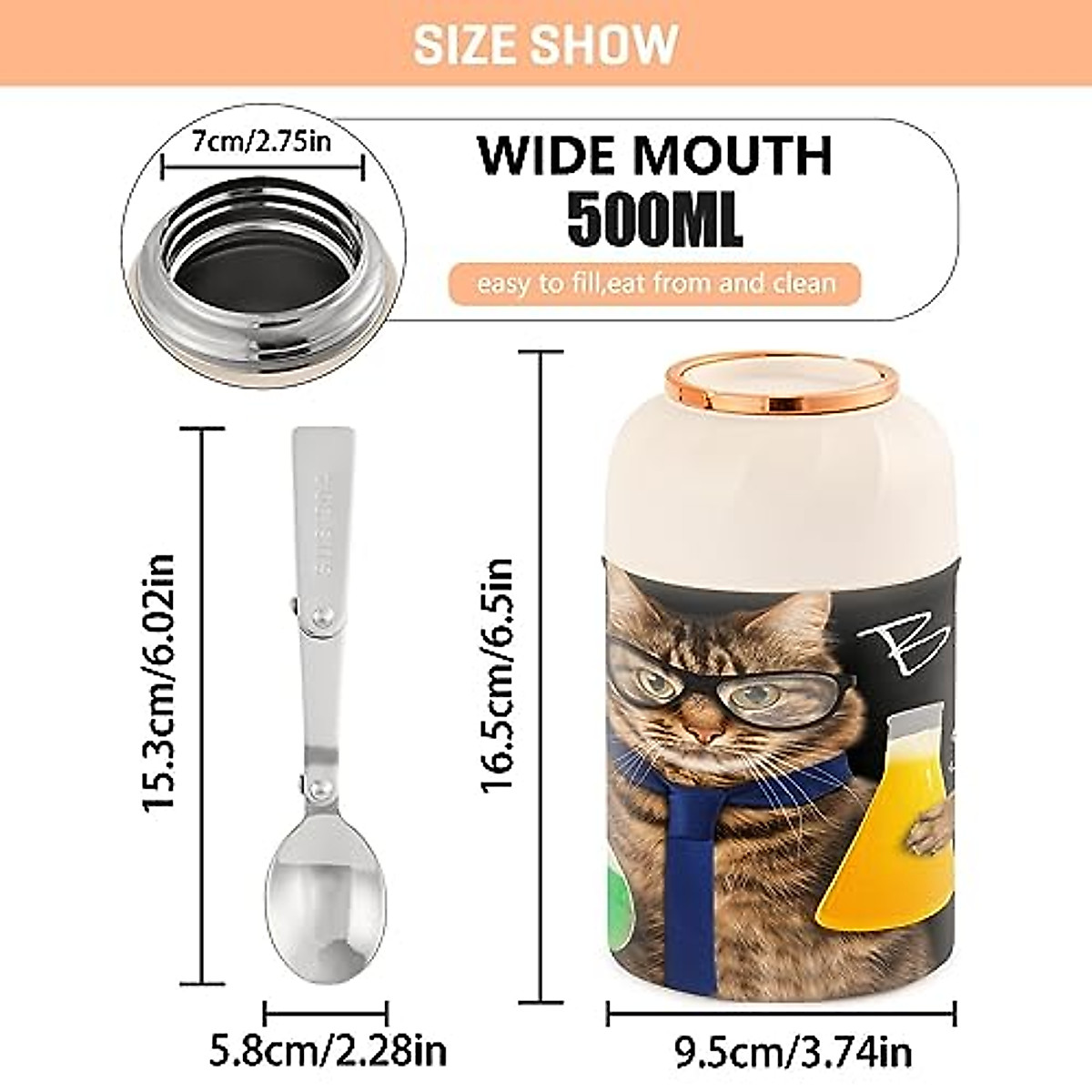 CUPADA Funny Cat Teacher Food Jar, Back To Insulated Hot Food Jars Vacuum 17OZ with Folding Spoon for Work Trip Picnic Camping