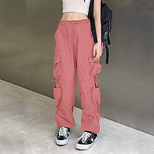 QYANGG Baggy Parachute Pants for Women& Girls Drawstring Elastic Low Waist Ruched Cargo Pants Multiple Pockets Jogger Y2K Pink