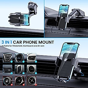 Phone Mount for Car Phone Mount [Military-Grade Super Suction] Phone Holder Car Mount for iPhone Automobile Cell Phone Accessories For Dashboard Windshield Air Vent Fit All iPhone Android Smartphones
