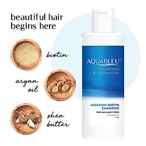 Aquableu Biotin Shampoo – Natural Thickening & Volumizing For Thicker Hair - Infused with coconut oil, keratin, Argan & Jojoba oil - Awapuhi fragrance 8oz