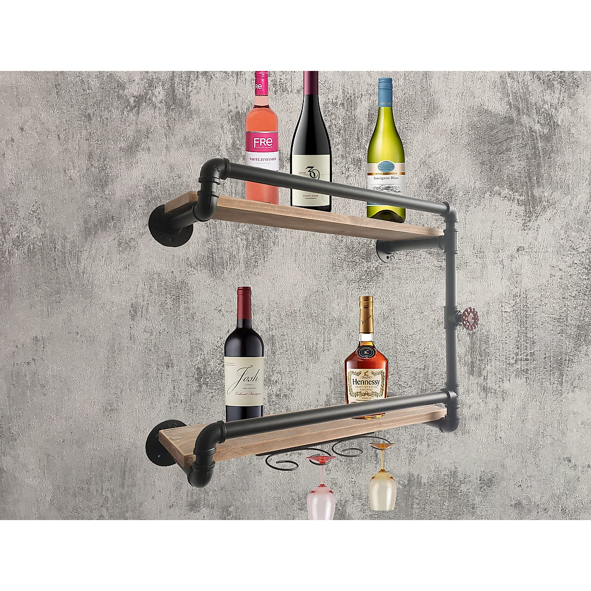 BSTGIFTS Wall Mounted Wine Rack - Wine Bottle Glass Holder - Industrial Pipe Floating Shelves - 2-Tiers Wood Shelf, Storage Shelves