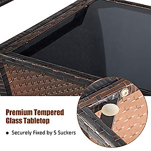 Tangkula Outdoor Wicker Bar Cart, Patio Wine Serving Cart w/Wheels & Removable Ice Bucket, Rolling Rattan Beverage Bar Counter Table w/Glass Top for Porch Backyard Garden Poolside Party, Mix Brown