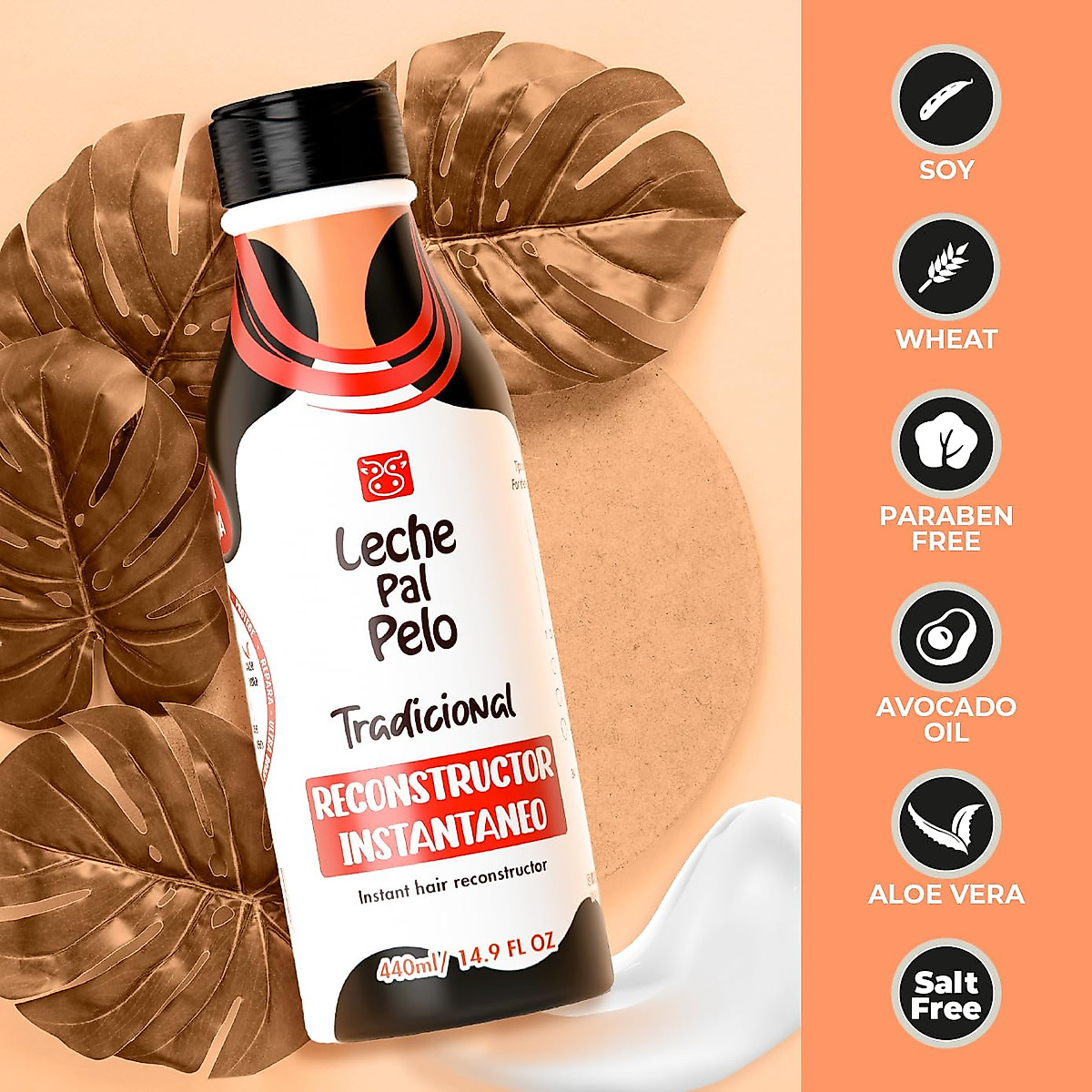 Leche Pal Pelo - Instant Hair Reconstructor Treatment with Soy, Wheat, Aloe and Avocado. Provides Intensive Hydration-14.9 Ounces. Tratamiento Reconstructor Con Soya, Trigo, Aguacate y Aloe