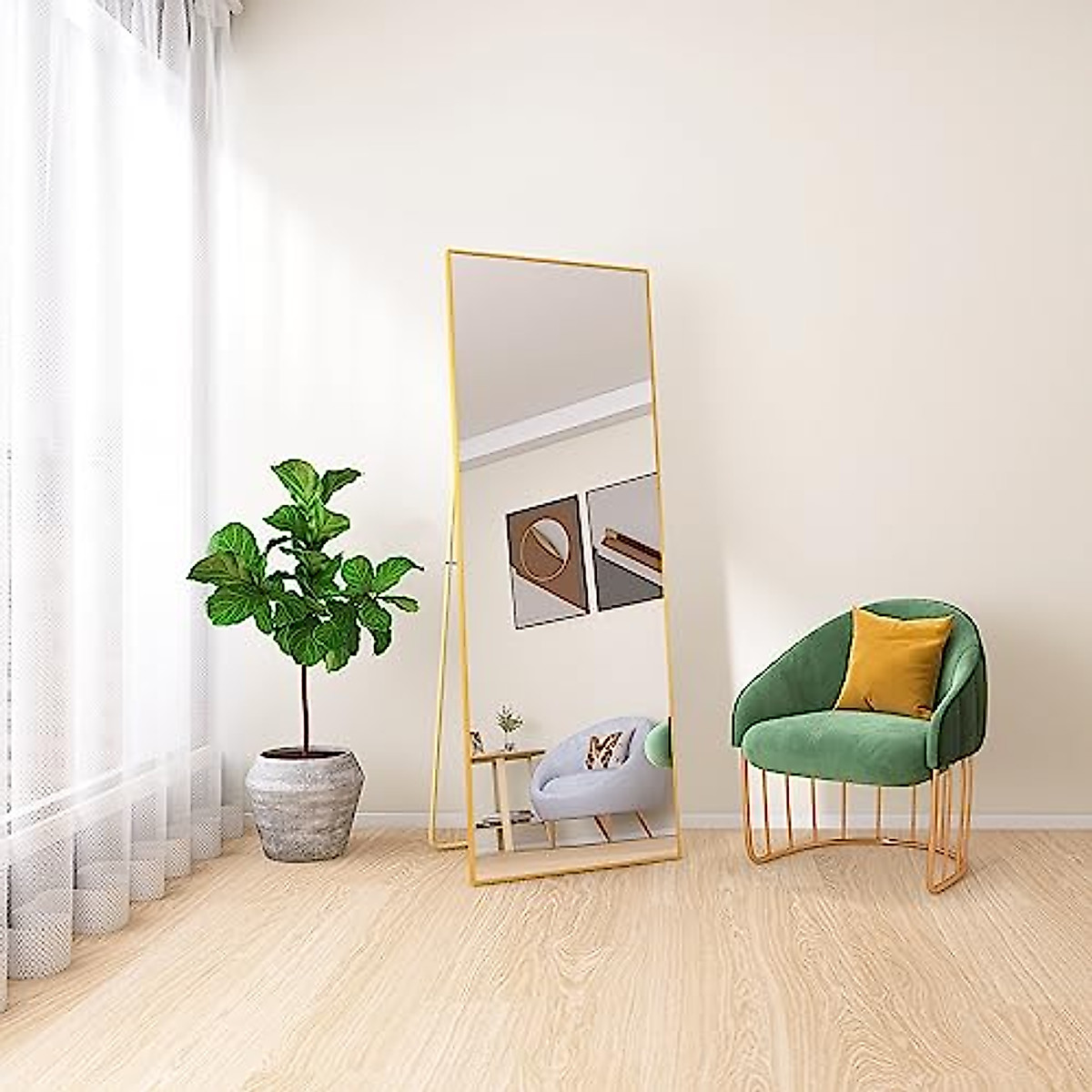 65" x 24" Wall Mounting Full Body Mirror, Full Length Mirror with Stand, Alloy Frame Full-Length Mirror for Living Room, Bedroom (Gold)