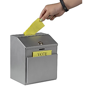 Ballot Box with Locking Hinged Lid and Side Pocket for Forms (Not Included), Metal Suggestion Box for Tabletop or Wall Mount Use, Silver