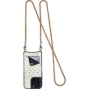 Bandolier Sheila Crossbody Phone Case and Wallet for iPhone 13 Pro - Pyramid Studded Creme Vegan Leather with Gold Detail
