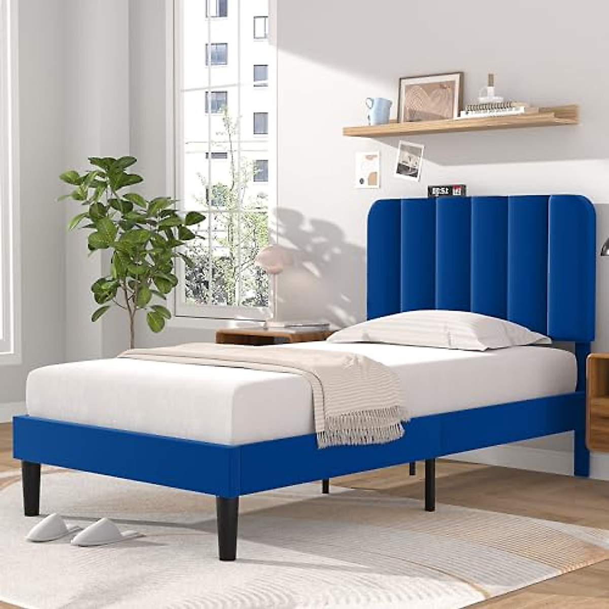 VECELO Twin Size Upholstered Bed Frame with Adjustable Headboard, Velvet Platform Bedframe Mattress Foundation, Strong Wood Slat Support, No Box Spring Needed, Dark Blue
