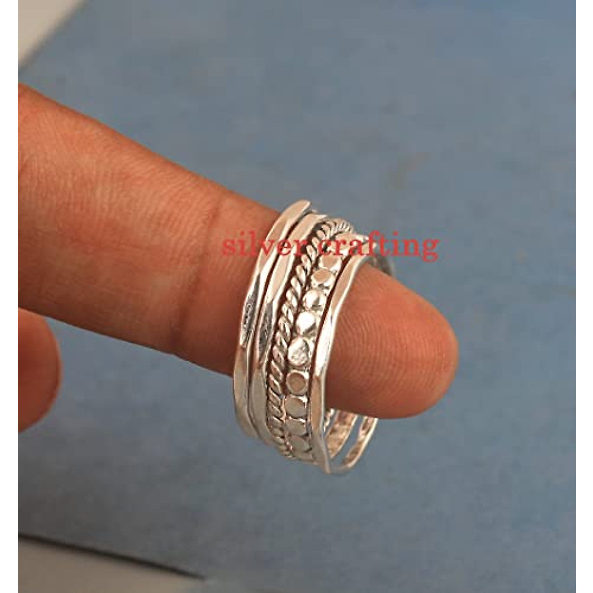 Set Of Five Mixed Stacking Sterling Silver Ring Modern Handmade Stacking Set Beaded Twisted Hammered Ring Jewellery Gift (10.5)