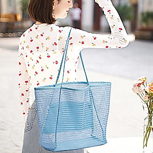 Women's Shoulder Handbag Mesh Handbag Summer Beach Tote Large Hobo Satchel Grocery Bags for Shopping Travel Outdoors, Light-Blue