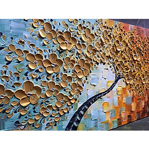 Tyed Art-24x48 Inch Golden Flower Paintings 3D Abstract Paintings Oil Hand Painting On Canvas Wood Inside Framed Ready to Hang Wall Decoration for Living Room Bed Room