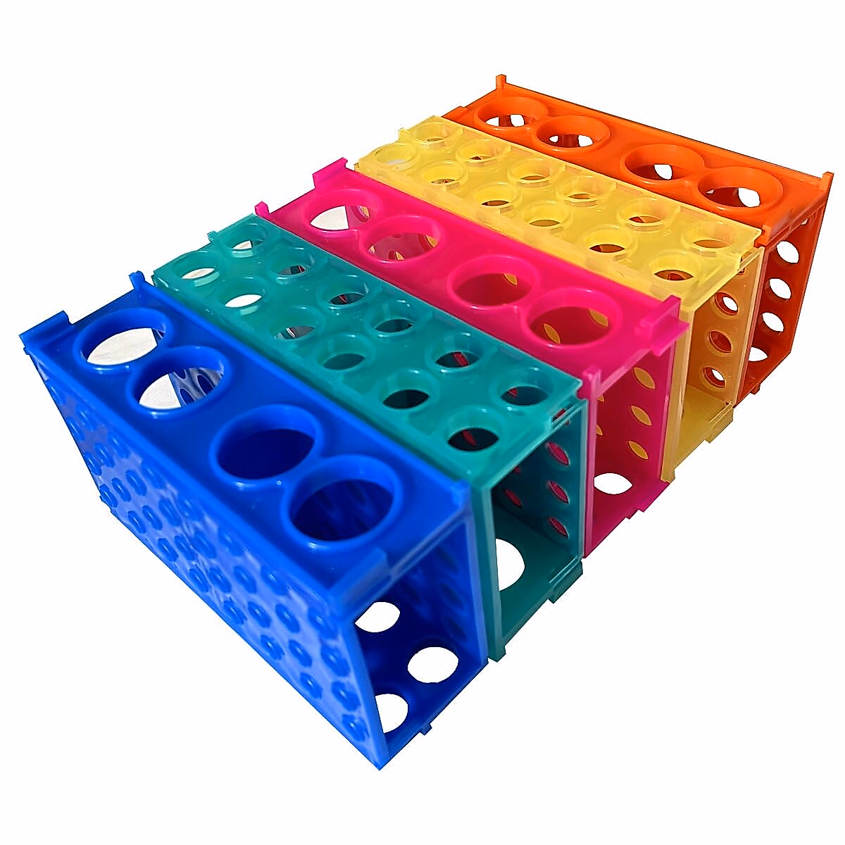 4-Way Plastic Test Tube Rack,Test Tube Holder with 5 Different Colors（Blue,Yellow,Orange,Pink,Green),Pack of 5