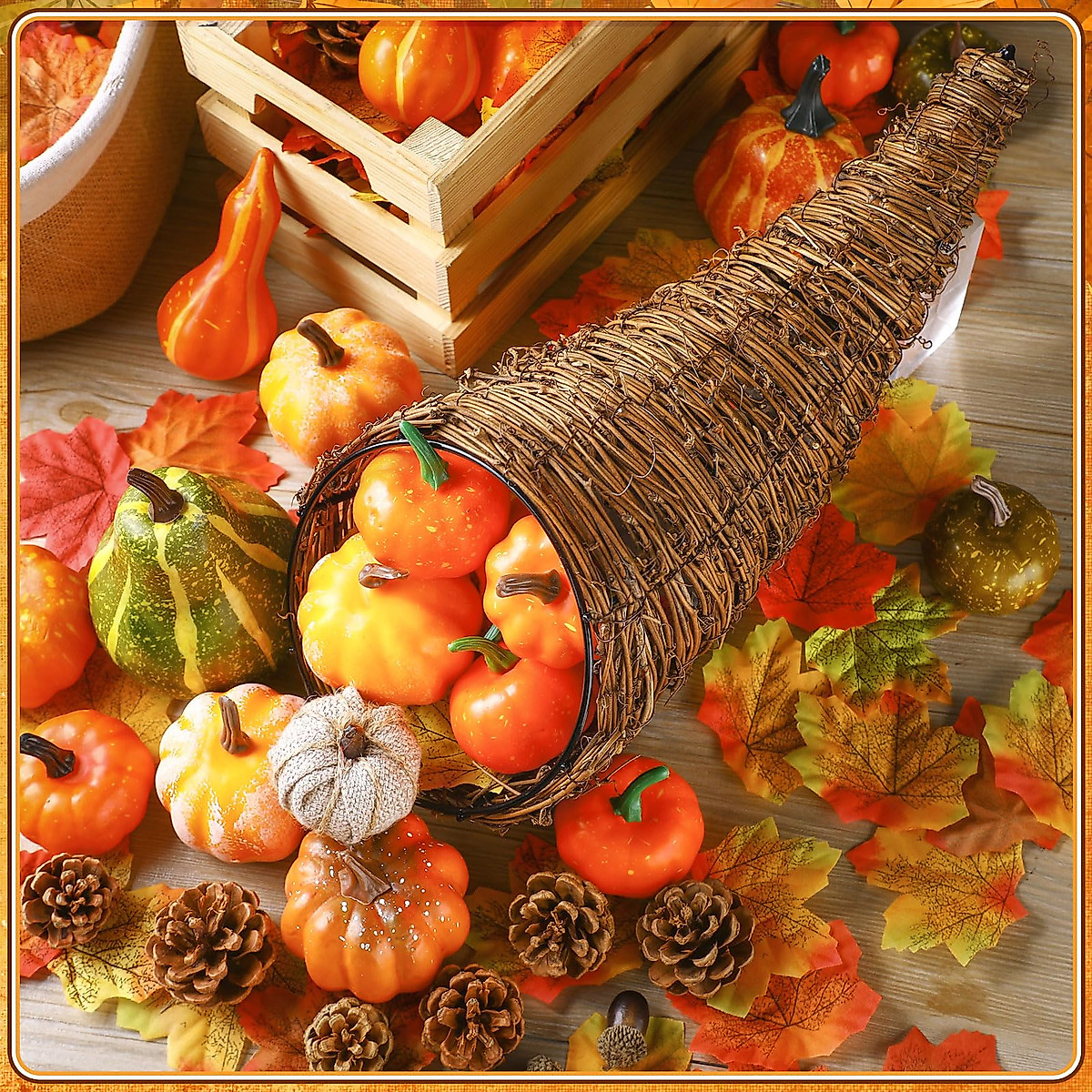 Dandat ThanksgivingFall Cornucopia Basket 13.78 Inch Farmhouse Fall Cornucopia Centerpieces Rustic Horn of Plenty Table Decoration for Fall Harvest Cornucopia Decor for Table Decorations Centerpieces