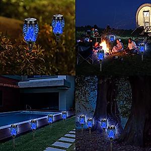 AOUNQ Solar Lights Outdoor Waterproof Blue, Upgraded 4 Pack Solar Torch Lights with Flickering Flame, Mini Solar Outdoor Garden Lights Tiki Torches for Outside Patio Yard Pathway Christmas Decor