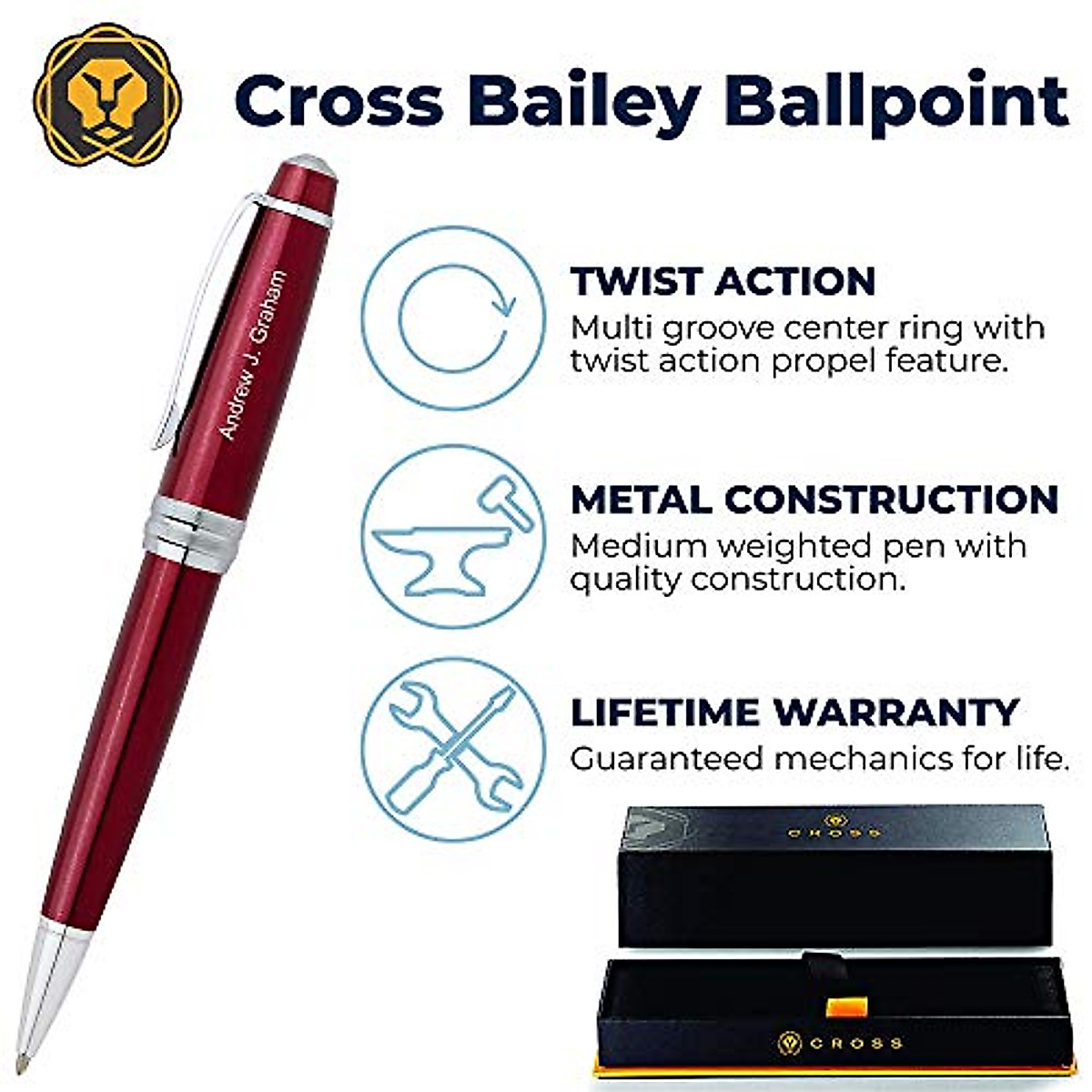Dayspring Pens Cross Pen | Engraved/Personalized Cross Bailey Red Lacquer Ballpoint Gift Pen - Chrome Trim AT0452-8. Custom Engraving Included.