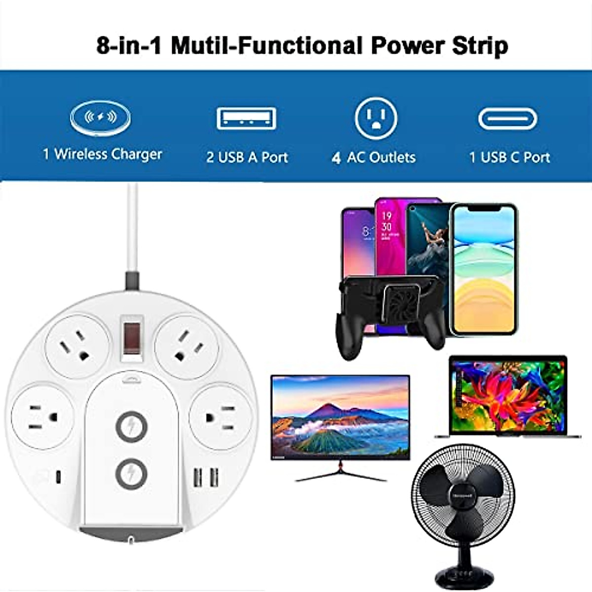 Surge Protector Power Strip Tower, KingTSYU Power Strip Extension Cord with USB C Ports, 4 Outlets and 15W Wireless Charger, USB C PD Power Delivery for Home/Office/Travel (PD 20W)