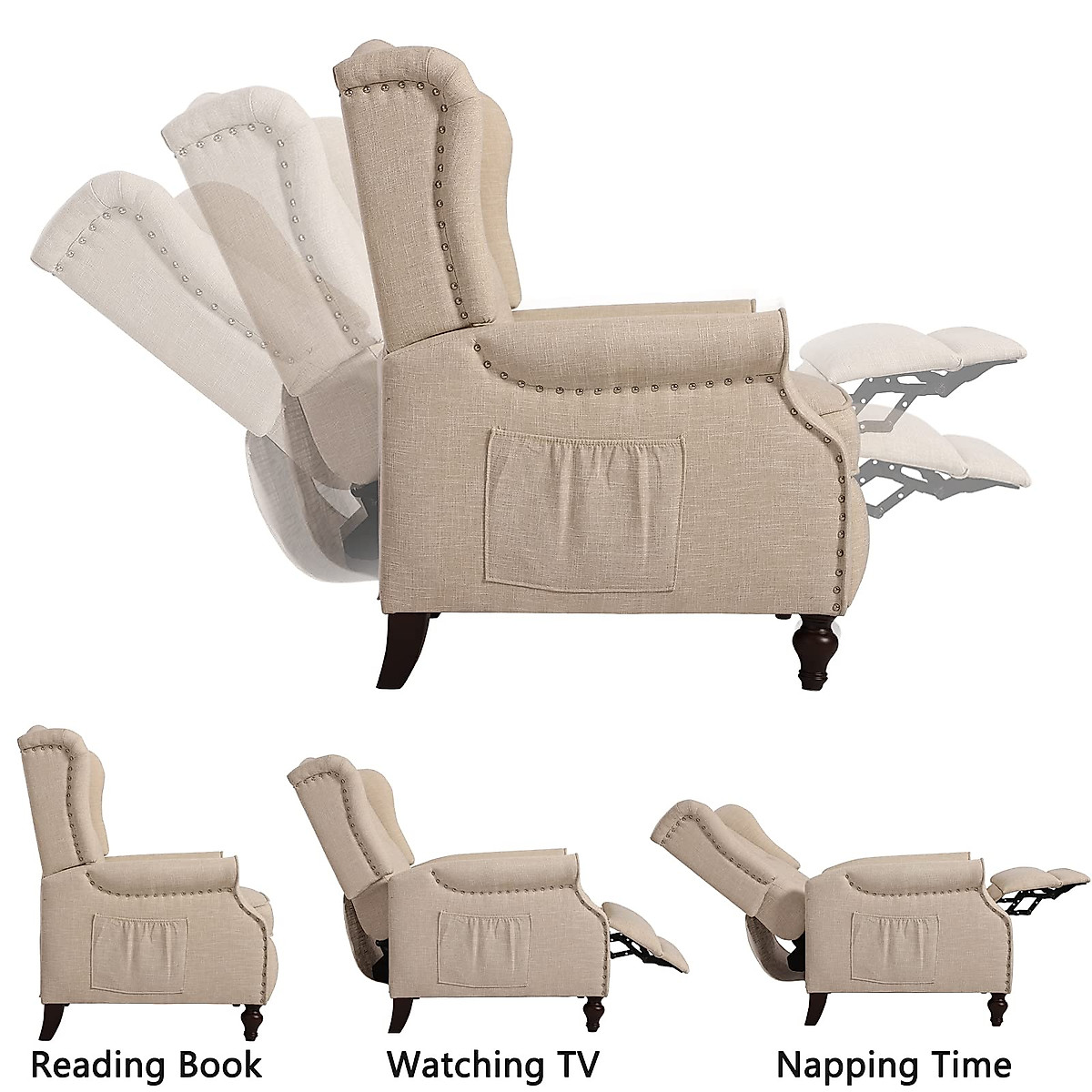 VUYUYU Wingback Recliner Chair, Push Back Arm Chair with Heat and Massage, Tufted Single Sofa for Home, Living Room, Office, Bedroom (Beige)