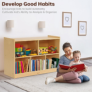 Bateso Toy Storage Organizer for Kids, 5-Compartment Wooden Toy Storage Cabinet, Montessori Bookshelf for Books & Toys, 2-Tier Kids Bookcase & Toy Shelf for Kids' Room, Playroom, Classroom, Nursery