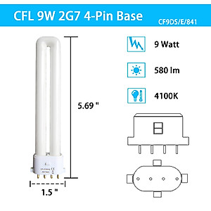 9 Watt 2G7 Base Fluorescent Light Bulb,Replacement for Satco S8365, Kandolite 96500,Coleman Lantern Bulb,Rayovac F9w-1 Light Bulb,CF9DS/E/841,4 Pin 2G7 Base,4100K 2PACK