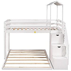 P PURLOVE Twin Over Full Bunk Bed, Wooden Bunk Bed Frame with Storage Staircase and Removable Storage Shelf, with guardrail and Separate Platform Bed, White