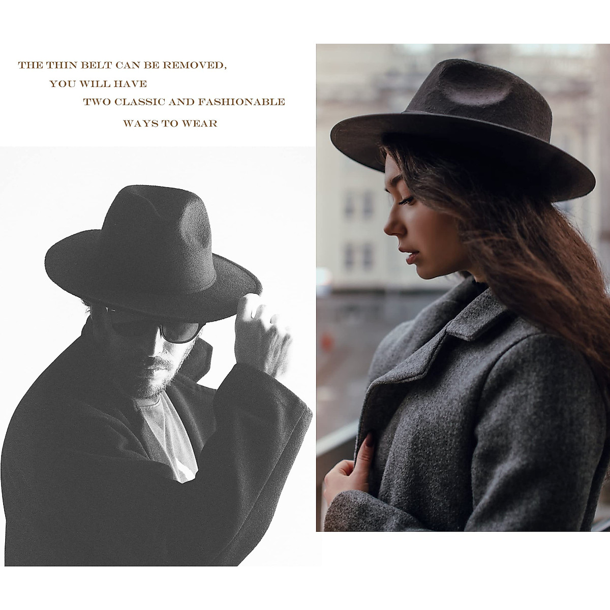 Felt Fedora Hat Womens Classic Hat Wide Brim Jazz Hat with Belt Buckle (Black with Black Belt, Medium (22"-23"))