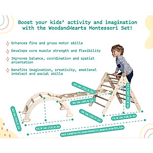 Woodandhearts 3 in 1 Pikler Triangle Set, Montessori Baby Climbing Set - Pikler Triangle Gym - Toddler Jungle Gym - Climbing Toys for Toddlers 1-3 Inside