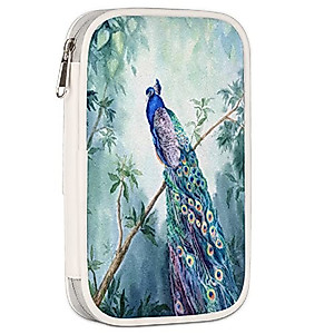 Peacock Pencil Case Holder, Tropical Peacock Tree Branch Zipper Pencil Pouch Multi-Purpose Cosmetic Makeup Brush Bag Stationery Box Passport Organizer Bag