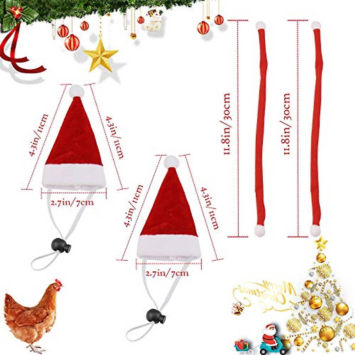 GABraden 2 Pack Christmas Chicken hat and Christmas Chicken Scarf,Adjustable Christmas Chicken Hat,Christmas Clothes for Chicks and hens (2-Red, Christmas)