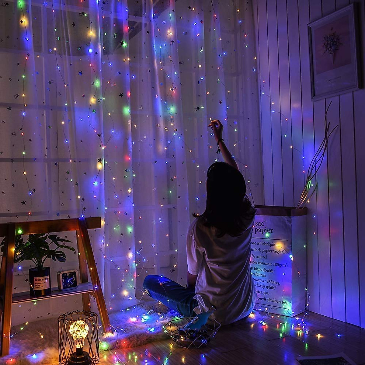Solar Curtain String Lights Outdoor, AMZSTAR Waterproof 300LED Fairy Window String Lights Twinkle Solar Lights 8 Modes Wedding Party Home Garden Bedroom Outdoor Indoor Wall Decorations (Multicolor)
