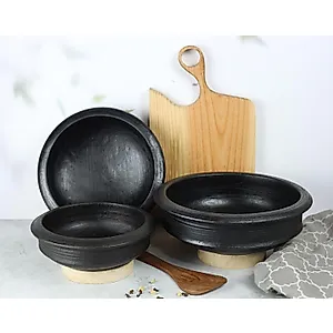 Generic Craftsman India Online Deep Burned Clay Pot/Earthen/Mud/Mitti Handi for Cooking and Serving Combo 1, 2 & 3 Liter |Uncoated |Silver, Black, MH4537JDF