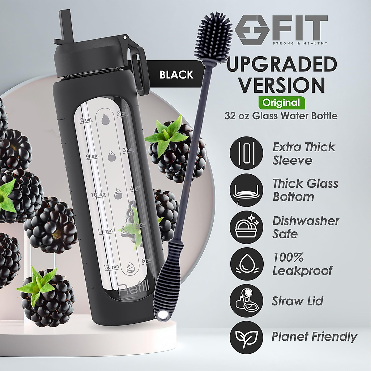 32 oz Glass Water Bottle with Straw Lid, Time Marker, Sleeve, & Brush - Motivational, Wide Mouth, Large BPA-Free 1 L Glass Water Bottle, Glass Drinking Bottle, Waterbottle (Black Sleeve, with Brush)