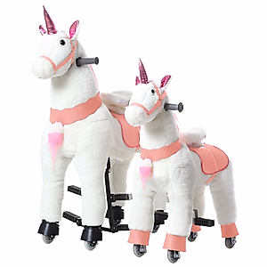 PONYEEHAW Ride on Unicorn Toys, Kids Riding Unicorn Toys Ride on Toys for 6-14 Years Old, Premium Plush Animals Toys Walking Unicorn with Wheels (White and Pink, 31.5" L x 13" W x 36.2" H)