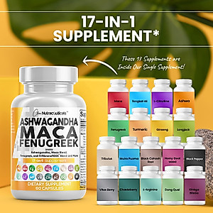 Clean Nutraceuticals Ashwagandha Maca Root Fenugreek Supplement with Tongkat Ali Ginseng - Assists with Stress, Mood & Thyroid - Ashwagandha Capsules Fenugreek Caps - 1 Pack