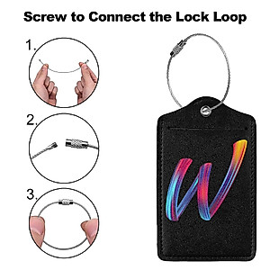 2 Pack Initial Luggage Tags for Suitcase, Colorful Letter Design Cruise Name Bag Tags, Novelty Baggage Identifiers with Full Privacy Cover, Leather ID Label for Women Men Kids Travel, Rainbow Letter W