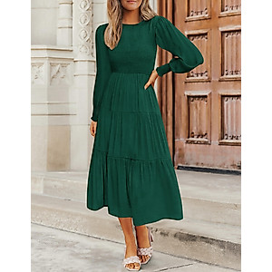 ZESICA Women's Casual Long Sleeve Crew Neck High Waist Smocked Flowy Tiered Midi Dress,DarkGreen,Large