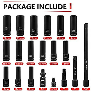 WETT 1/2-Inch Drive Deep Impact Socket Set, 20 Piece Metric Socket Set, 6 Point, Cr-V Steel, 10-24mm, Universal Joint, Adapter and Extension Bar