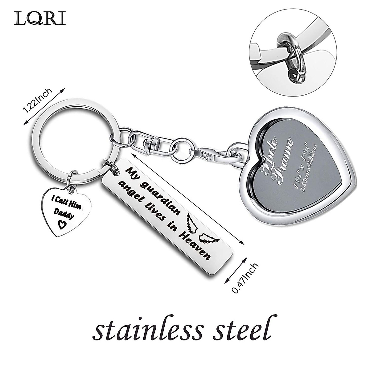 LQRI Memorial/Remembrance Photo Frame Keychain My Guardian Angel Lives in Heaven I Call Him Daddy Memorial Keychain Loss of a Dad Sympathy Gift In Memory of Dad (SILVER)